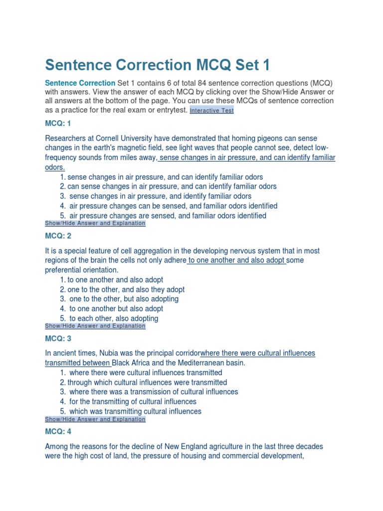Sentence Correction MCQs Practice Set 1 | PDF | Multiple Choice | Orbit