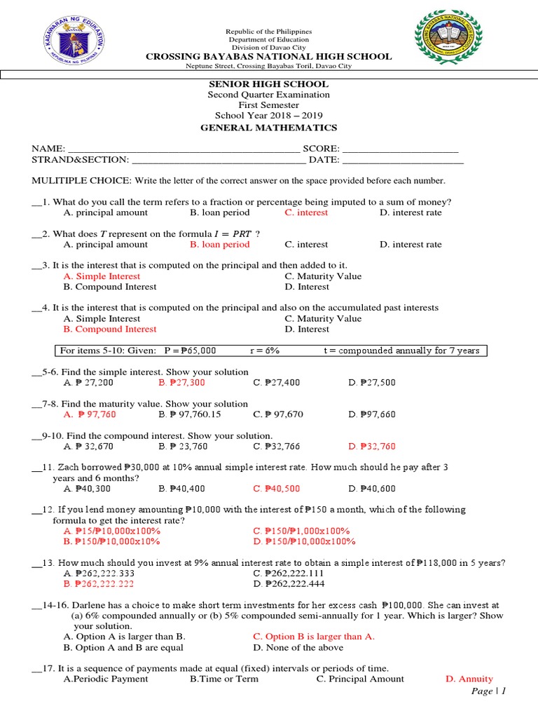 Senior High School General Mathematics Exam | PDF | Stocks | Bonds ...