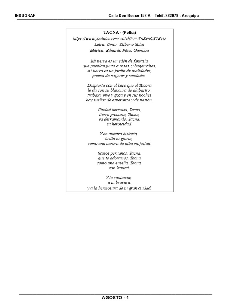 Polka "Tacna Hermosa" Letra y Música | PDF