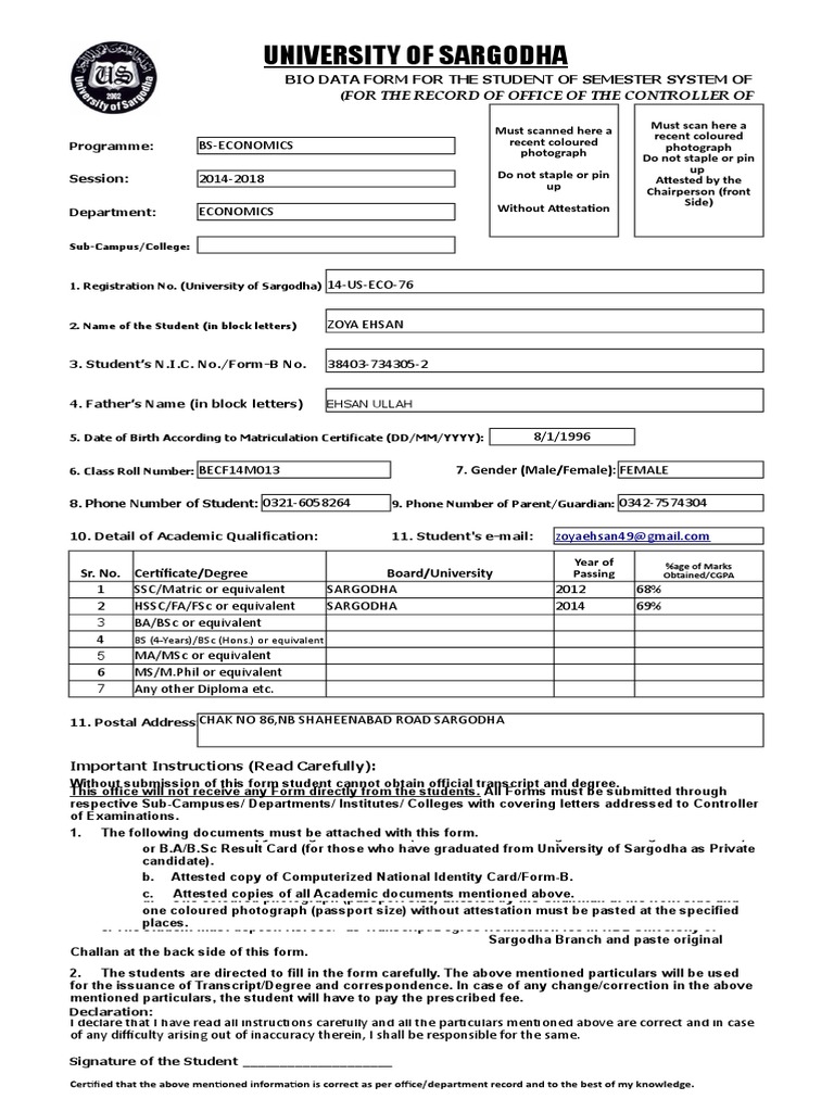 BIODATA FORM For Students Admitted in Fall 2017 | PDF | Bachelor Of ...