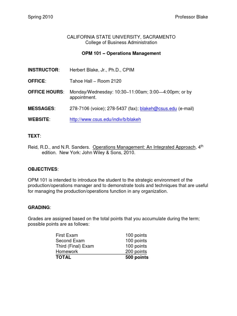 Operation Management Syllabus | PDF | Homework | Test (Assessment)