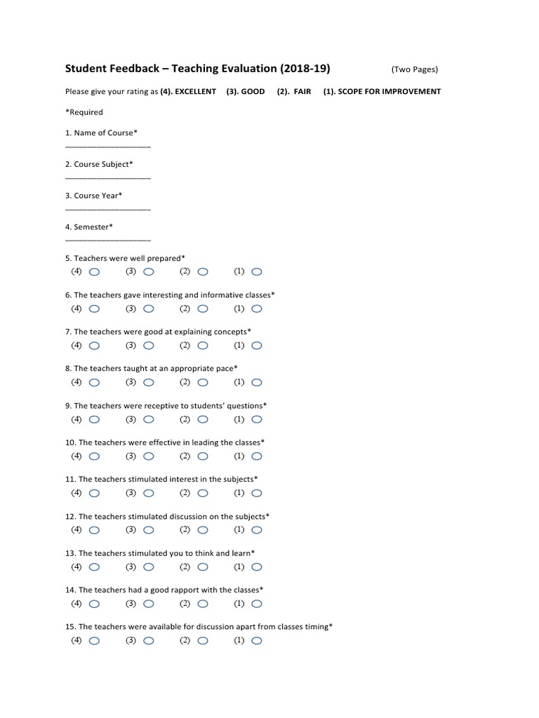 Student Feedback Evaluation Form | PDF | Teachers | Behavior Modification