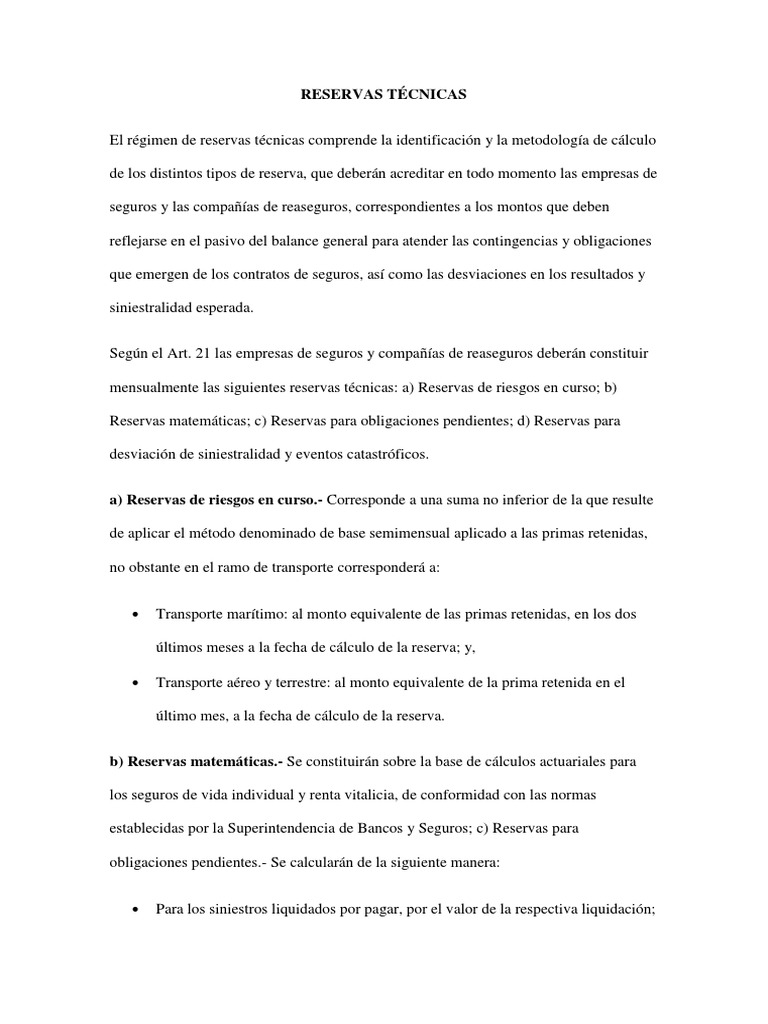 Reservas Técnicas | PDF | Póliza de seguros | Reaseguro