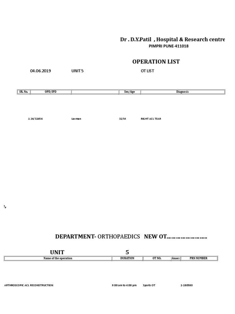 Operation List: DR - D.Y.Patil, Hospital & Research Centre | PDF