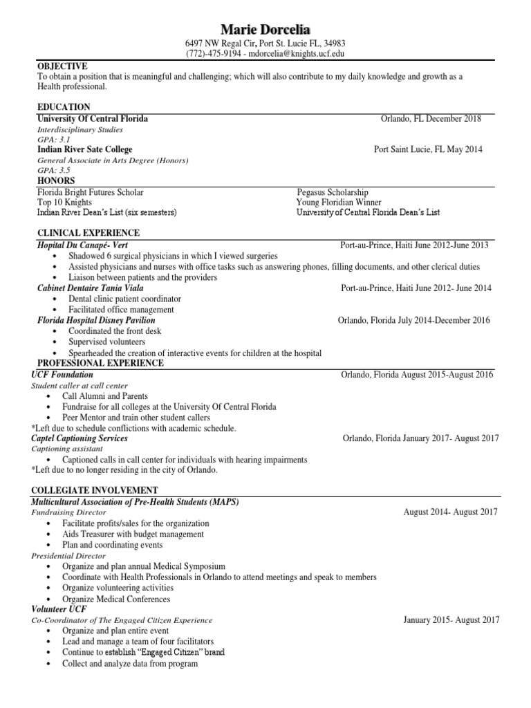 Marie Dorcelia Resume | PDF | Health Care | Medicine
