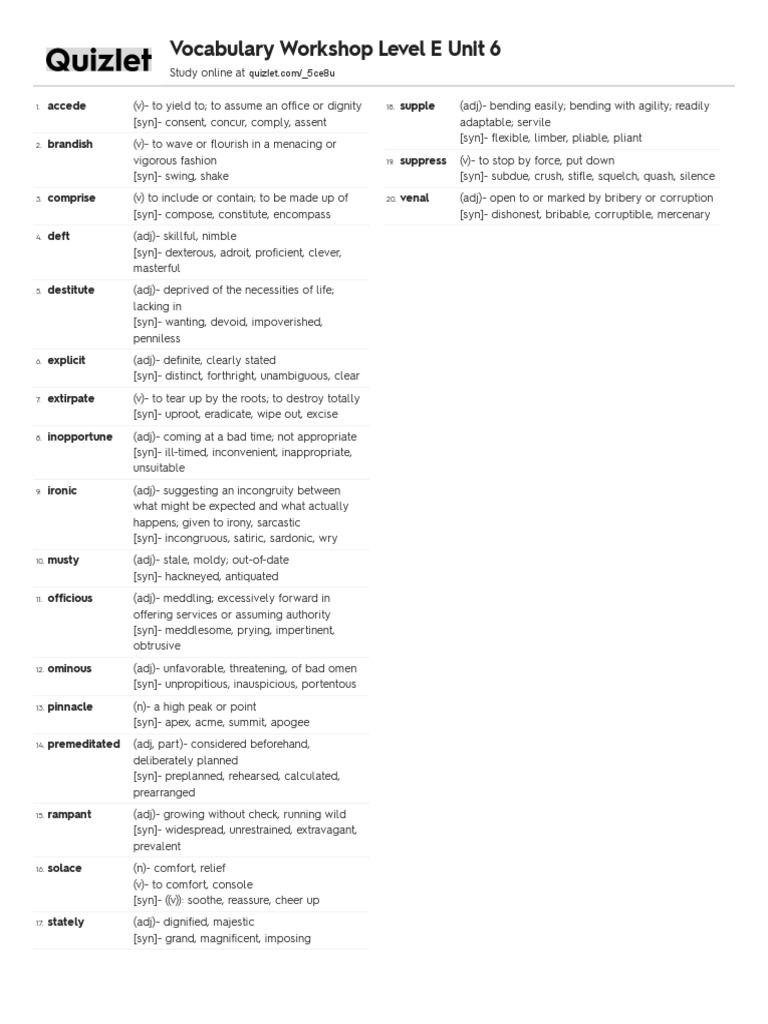 Vocabulary Workshop Level E Unit 6 Study Guide | PDF