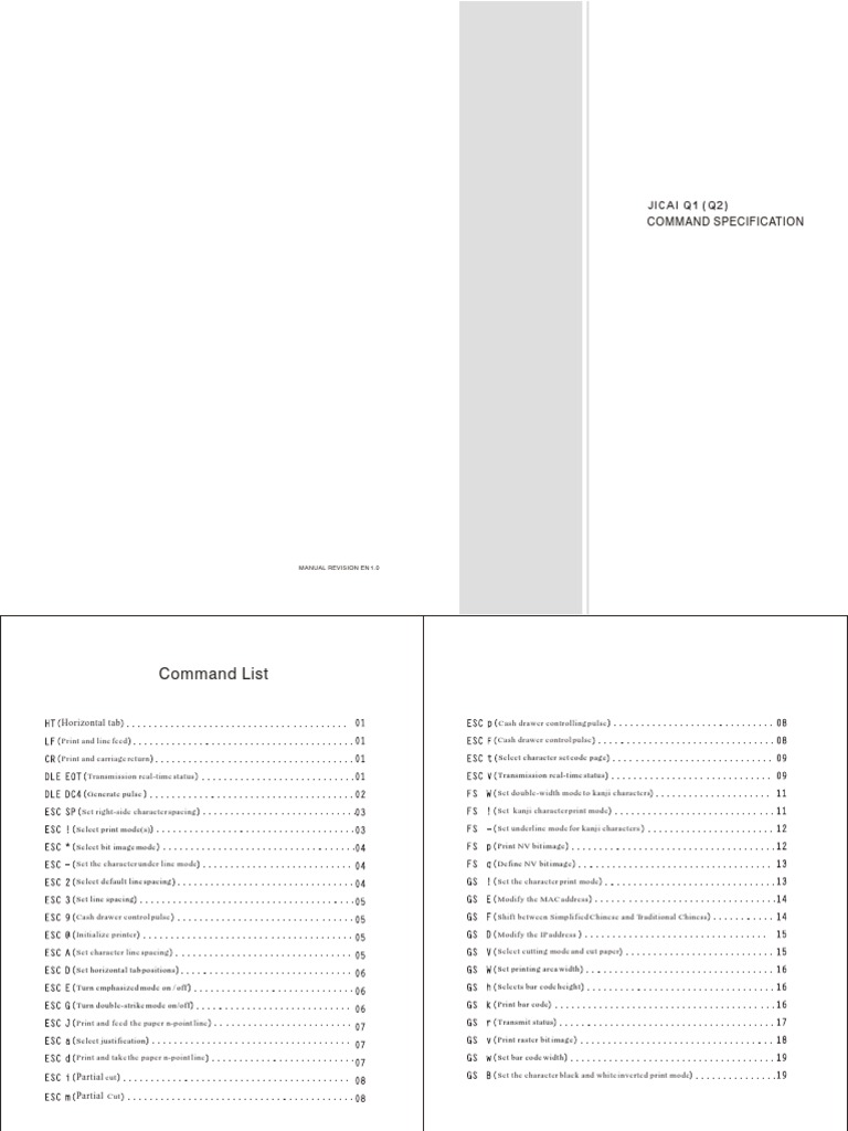 Command Specification for the JICAI Q1 (Q2) Thermal Printer | PDF | Ascii | Byte