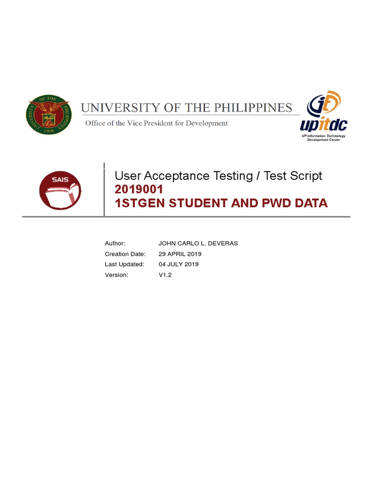 User Acceptance Testing / Test Script: 2019001 1stgen Student and PWD ...