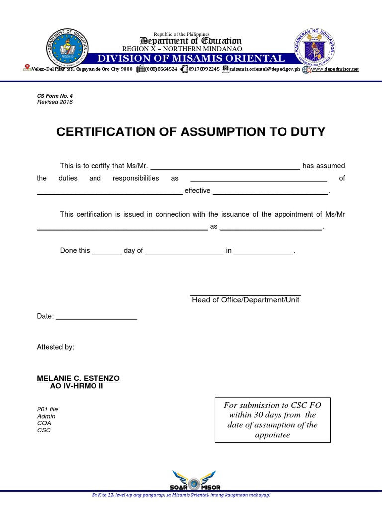 CS Form No. 4 Certification of Assumption To Duty - Edited | PDF
