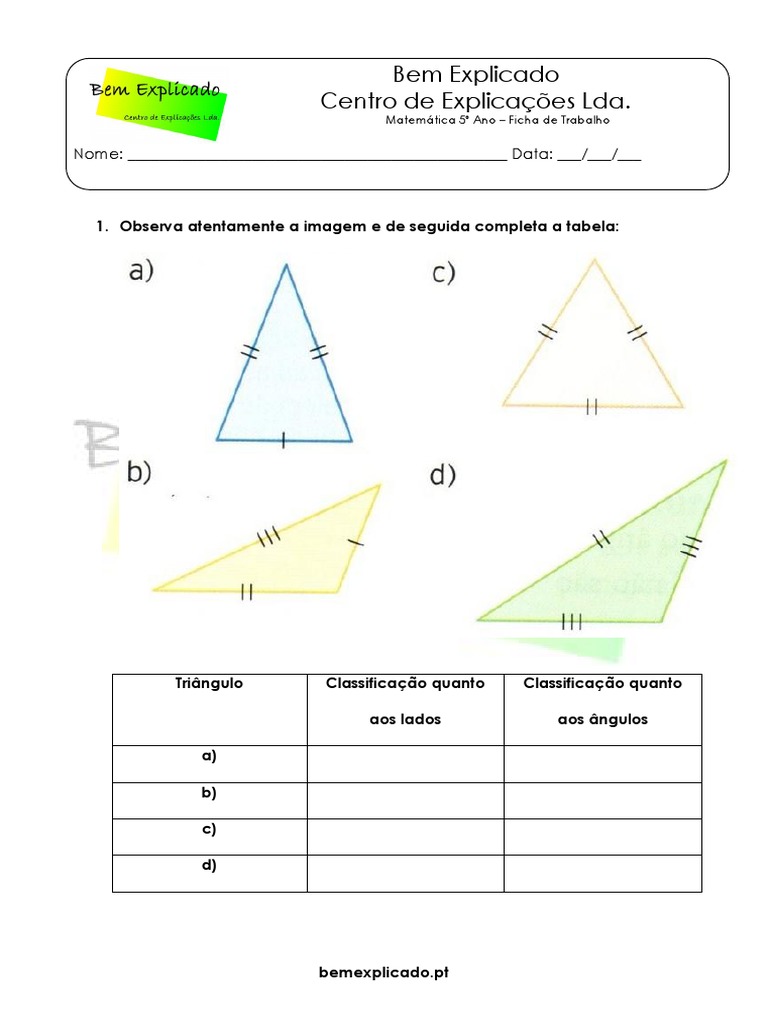 3.3 - Triângulos - Propriedades, Classificação e Construção - Ficha de ...