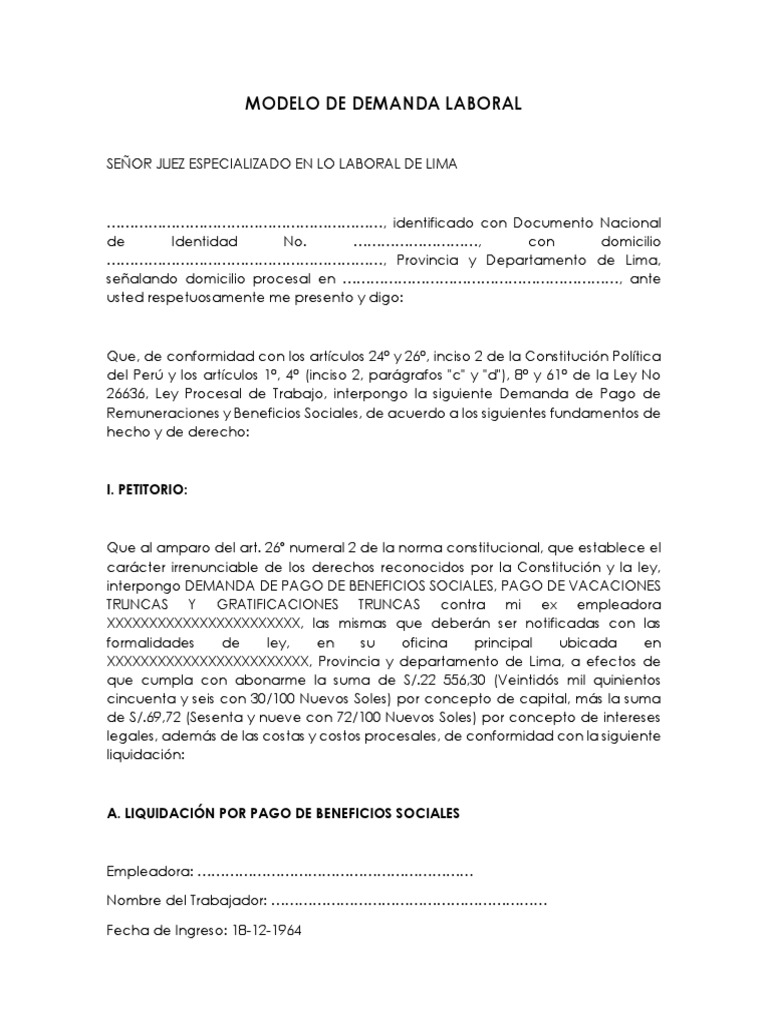 Modelo de Demanda Laboral | PDF | Demanda judicial | Ley procesal