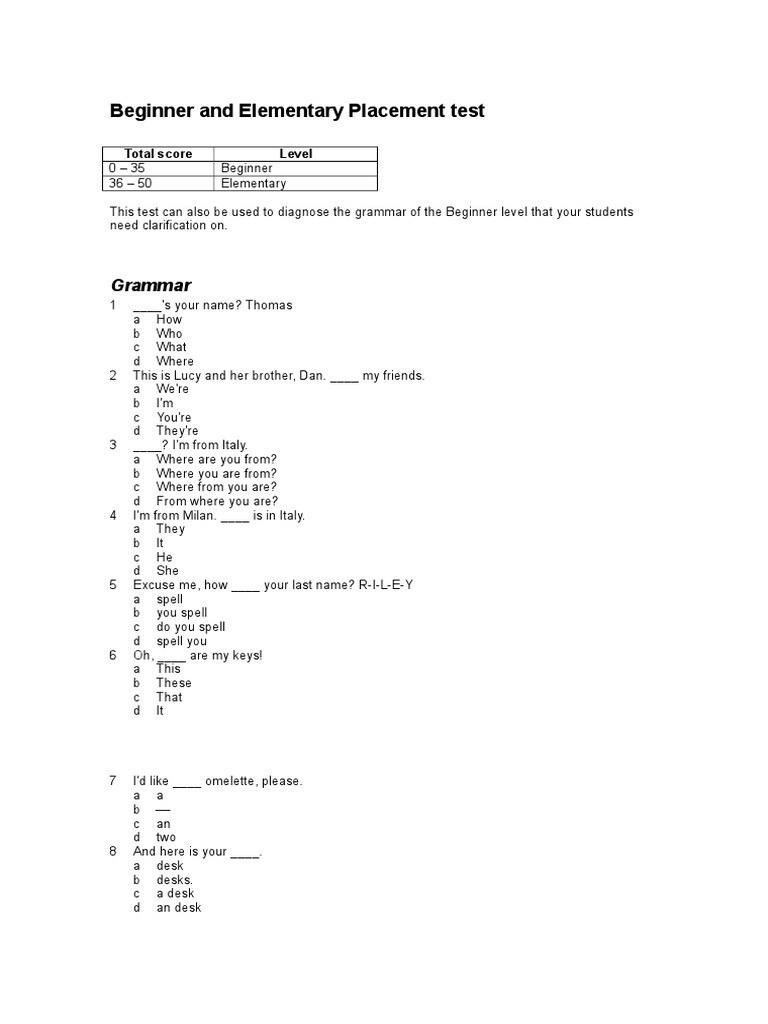 Beginner Elementary Placement Test | PDF