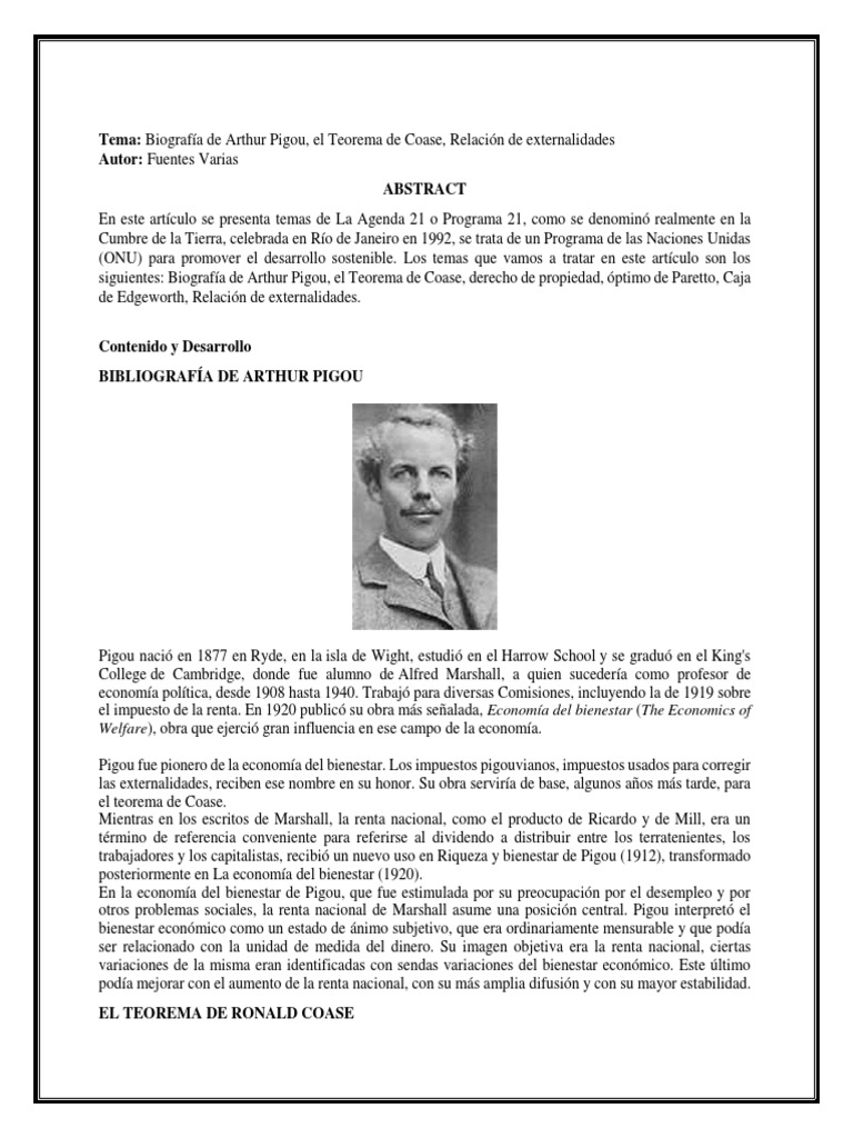 Biografía y Teorema de Pigou | PDF | Exterioridad | Microeconomía