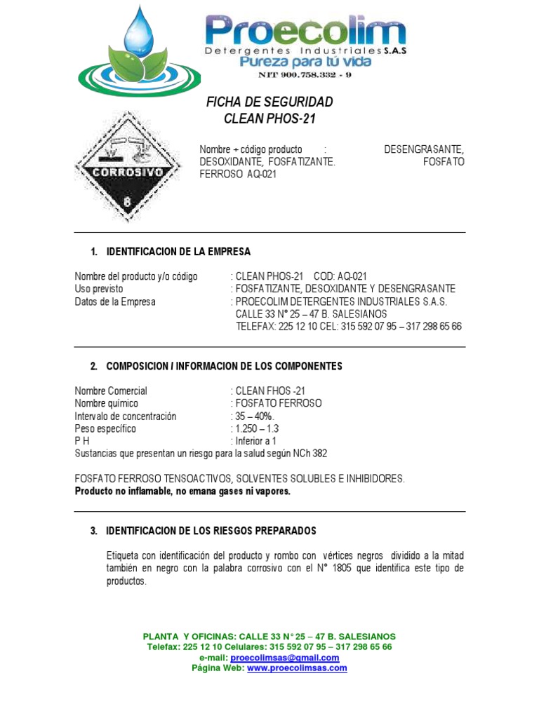 Ficha de Seguridad: CLEAN PHOS-21 | PDF | Aluminio | Agua