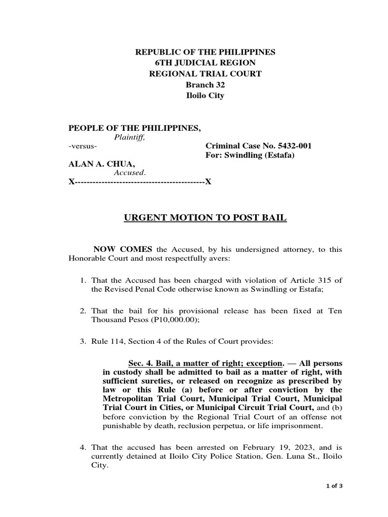 LegalForms - (20) Motion To Post Bail | PDF | Bail | Morality