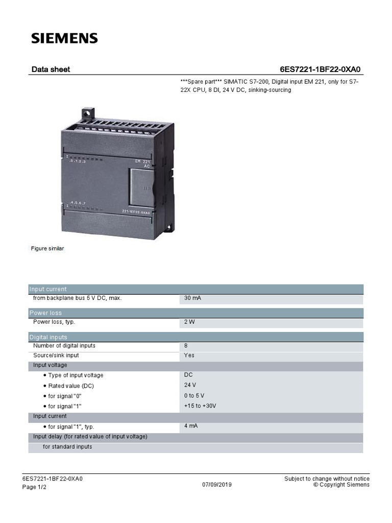 Data Sheet 6ES7221-1BF22-0XA0: Input Current | PDF
