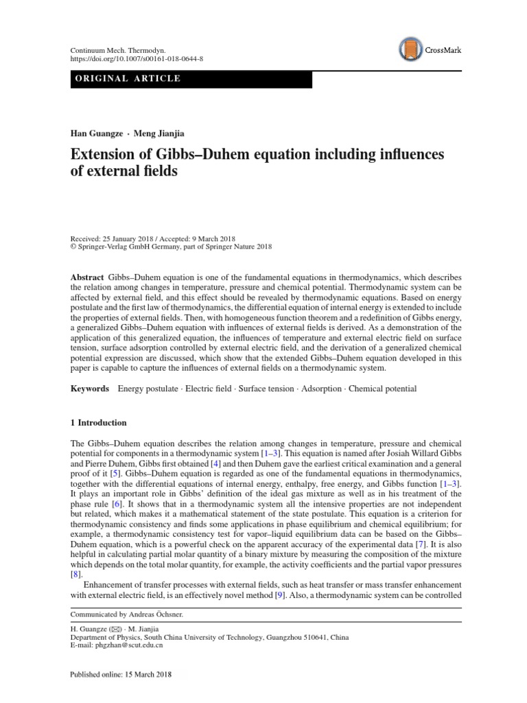 Gibbs Duhem Equation For Extended Nonequilibrium Thermodynamics | PDF ...