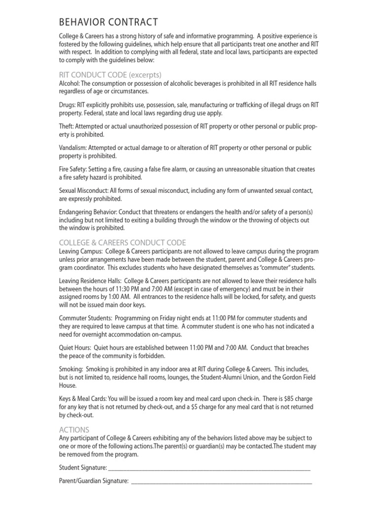 College Student Behavior Contract | PDF | Fire Safety | Dormitory