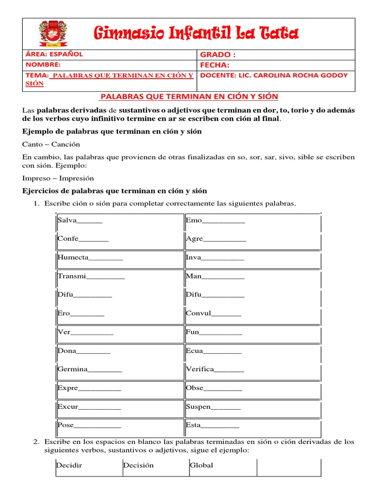 Palabras que terminan en ción y sión | PDF