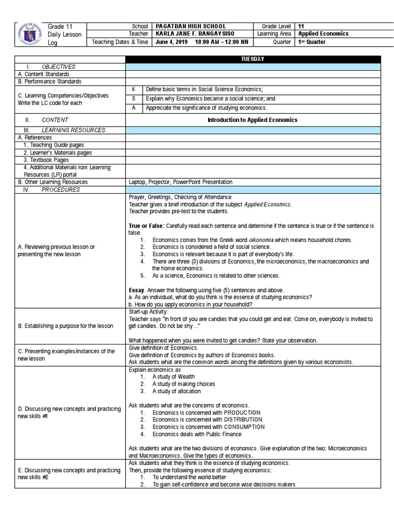 Grade 11 Daily Lesson Log: Objectives | Download Free PDF ...