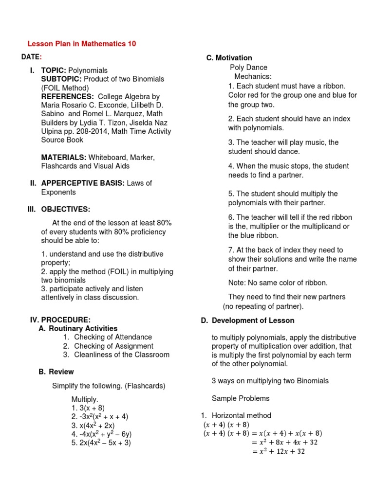 Lesson Plan in Mathematics 10 | PDF | Multiplication | Polynomial