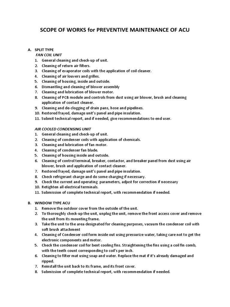 Scope of Works For Preventive Maintenance of Acu | PDF | Leak | Automation