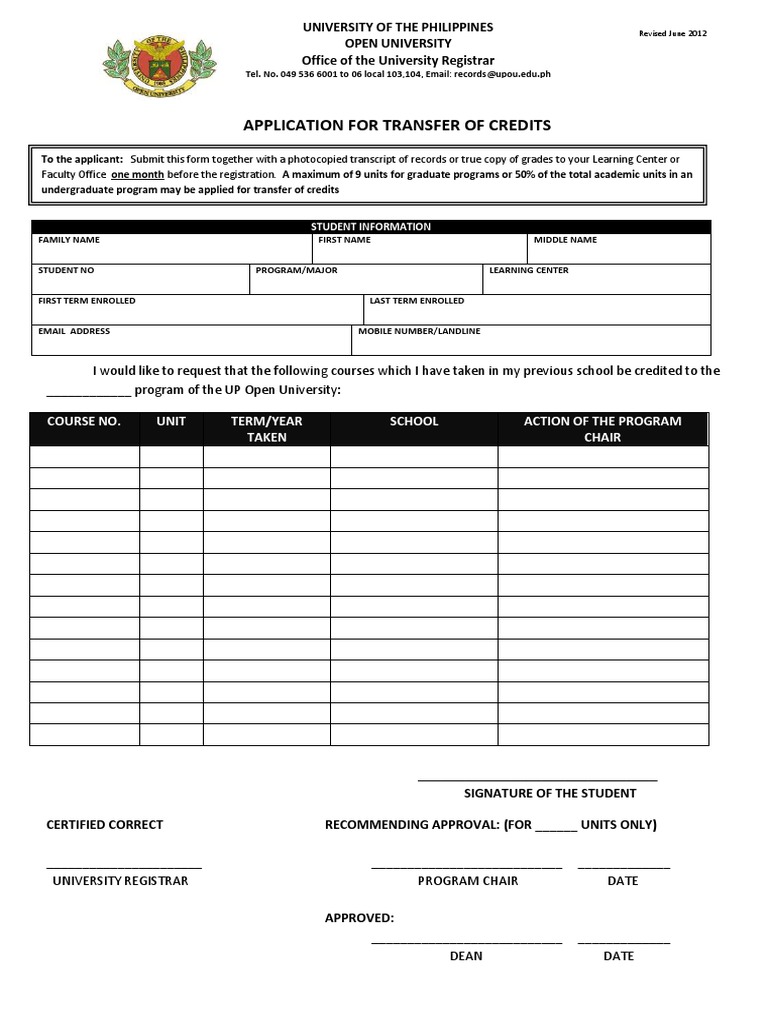 Application For Transfer of Credits PDF | PDF | Educational Stages ...