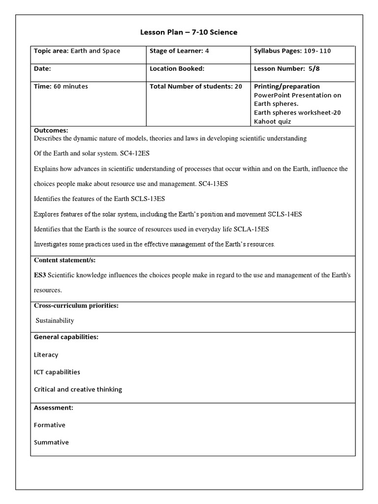 Lesson Plan - 7-10 Science: Powerpoint Presentation On Earth Spheres ...