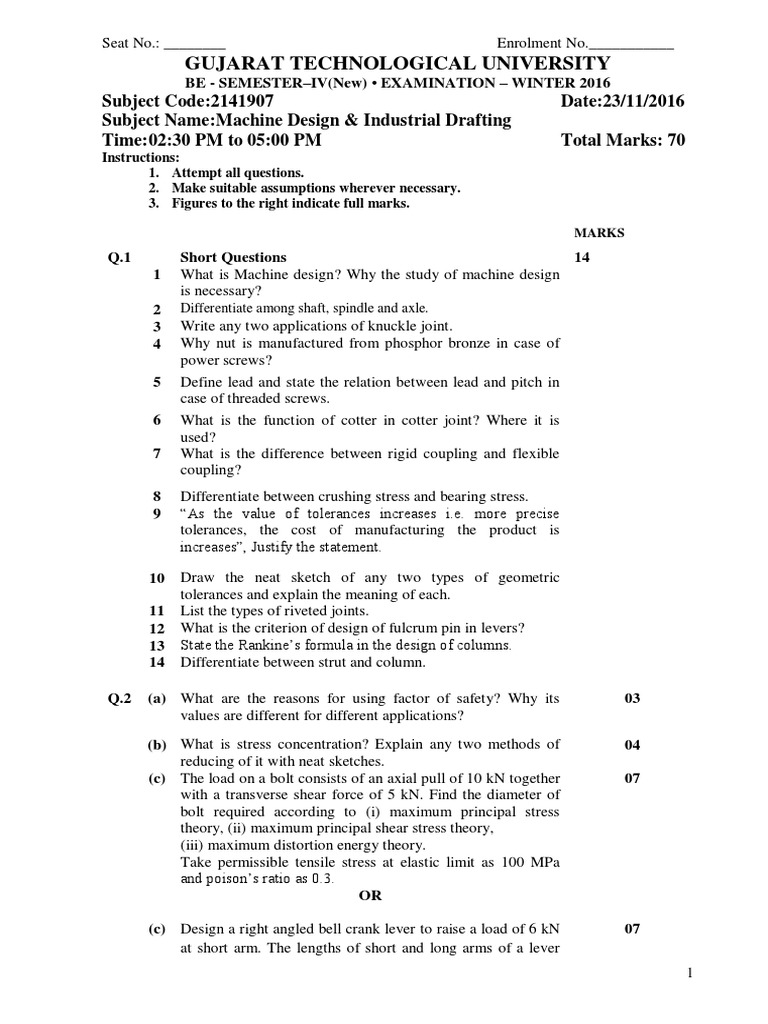 GTU BE Semester IV Machine Design & Industrial Drafting Exam | PDF ...
