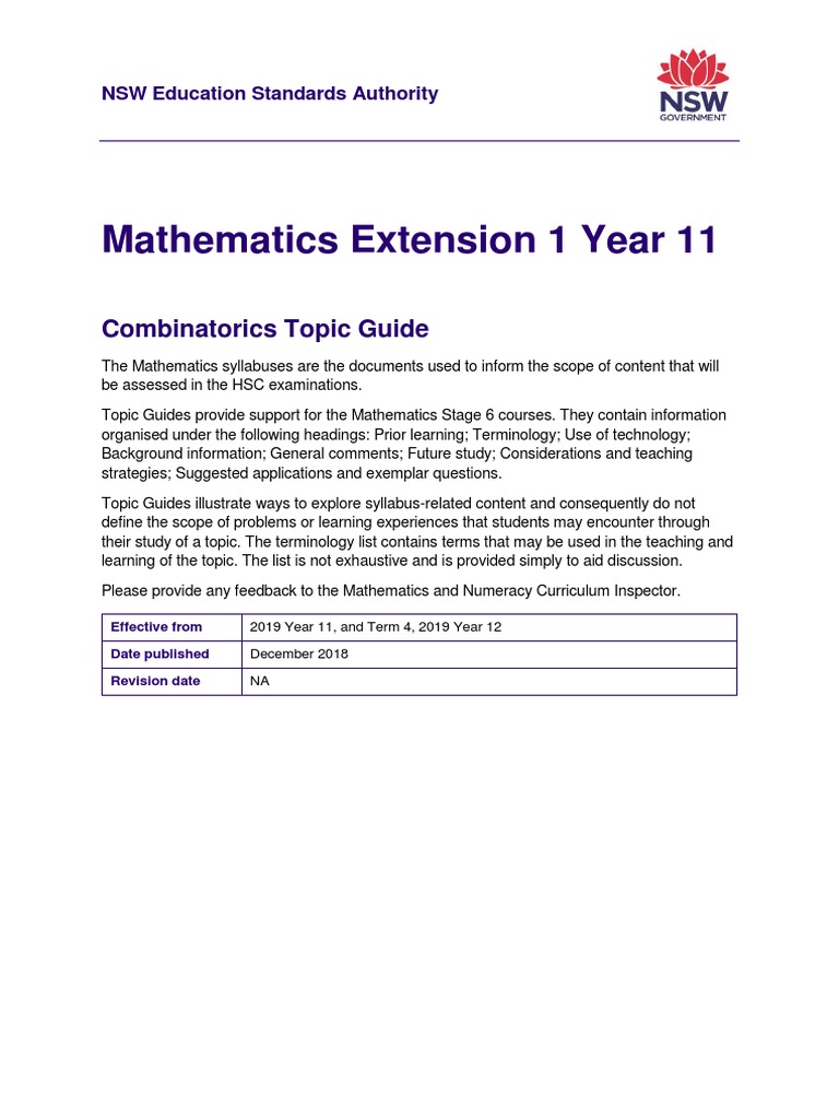 Mathematics Extension 1 Year 11 Topic Guide Combinatorics | PDF | Combinatorics | Permutation