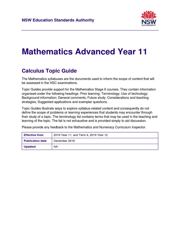 Mathematics Advanced Year 11 Topic Guide Calculus | PDF | Derivative ...