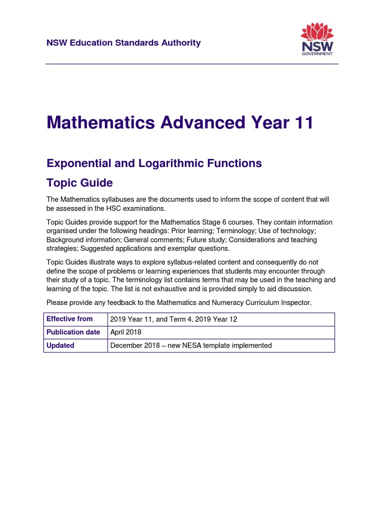 Mathematics Advanced Year 11 Topic Guide Exponential and Logarithmic ...
