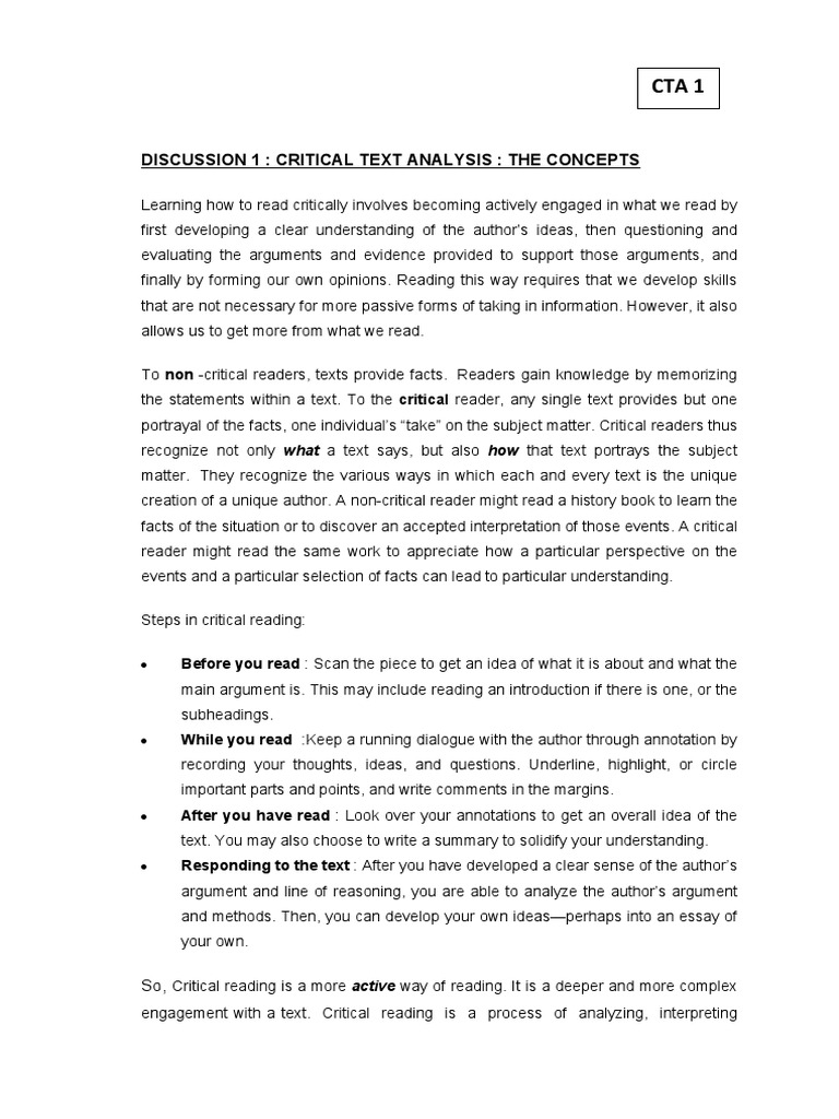 Discussion 1: Critical Text Analysis: The Concepts | PDF | Idea | Argument