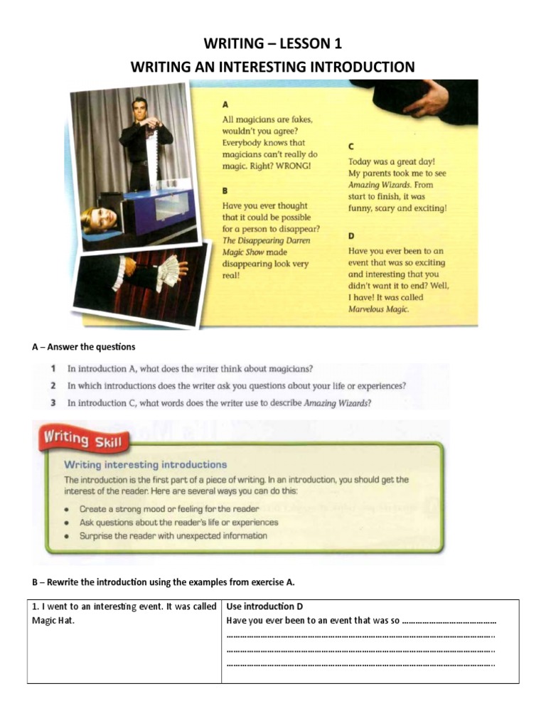 Writing - Lesson 1 Writing An Interesting Introduction: A - Answer The ...