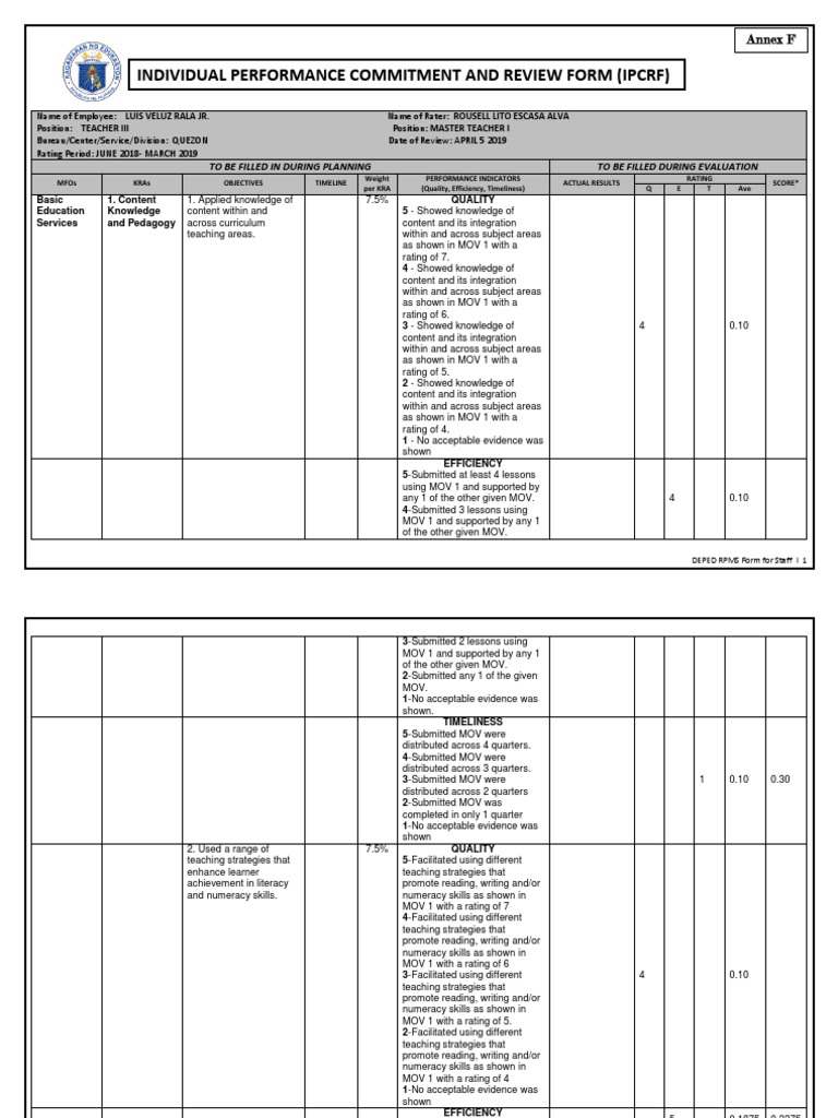 Individual Performance Commitment and Review Form (Ipcrf) : Annex F ...
