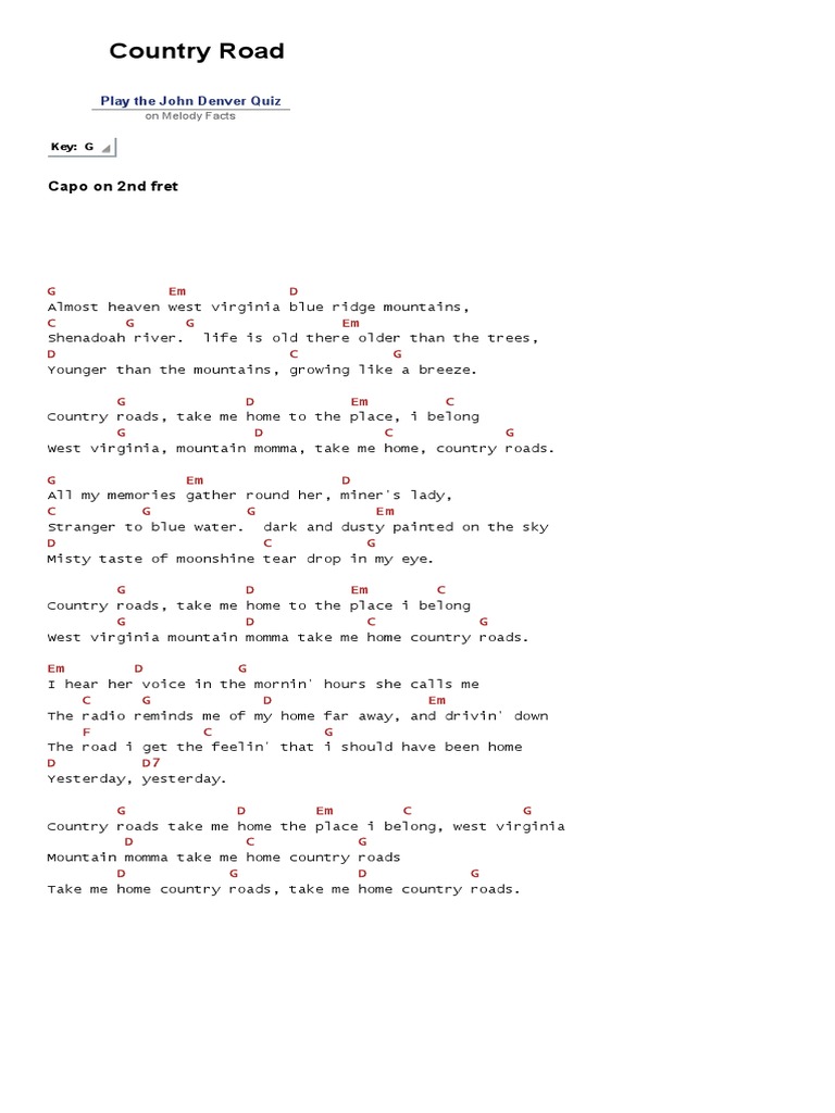 Country Roads Guitar Chords And Lyrics