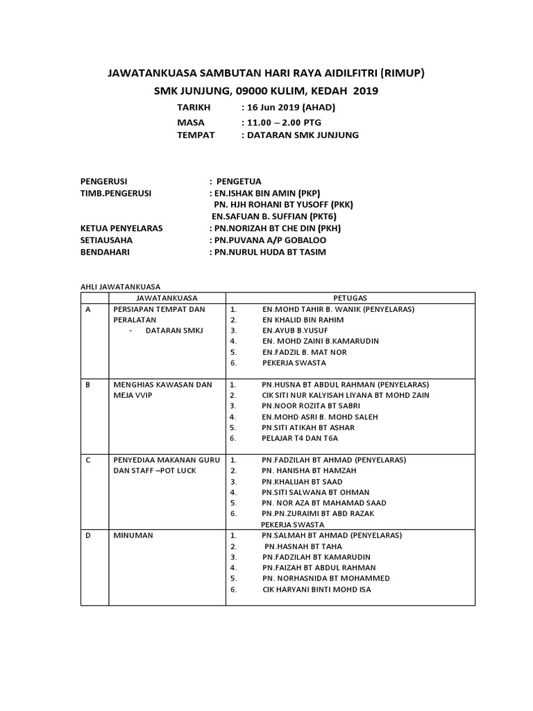AJK Kerja Jamuan Hari Raya RIMUP 2019 | PDF