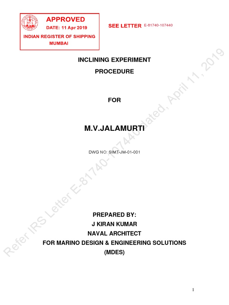 Inclining Experiment Procedure M V Jalamurti | PDF | Ships | Pendulum