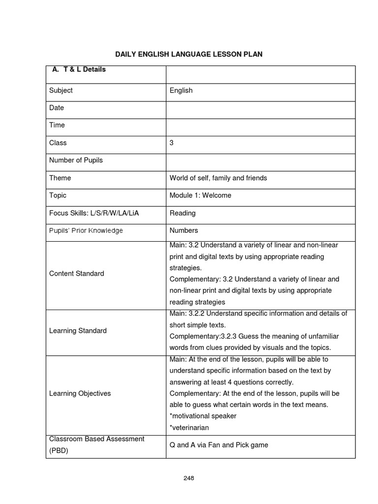 Daily English Language Lesson Plan A. T & L Details | Download Free PDF ...