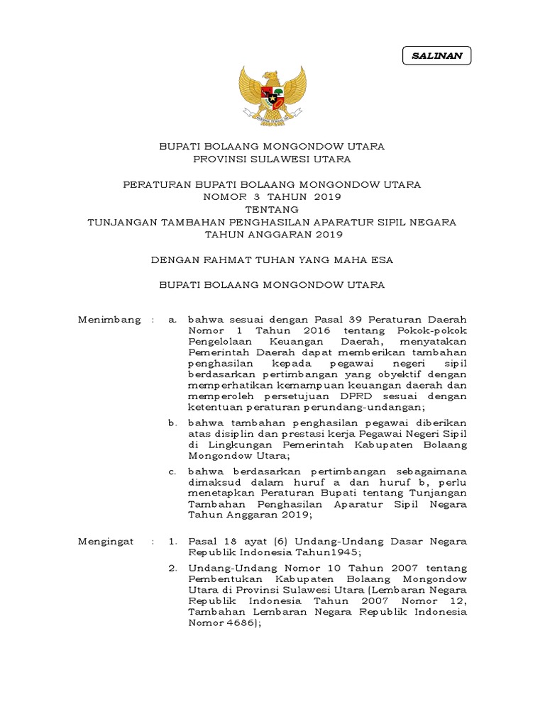 Perbup Nomor 3 Tahun 2019 TTG TTP 2019 - Batang Tubuh | PDF