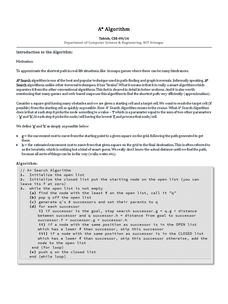 A Algorithm: Department of Computer Science & Engineering, NIT Srinagar ...