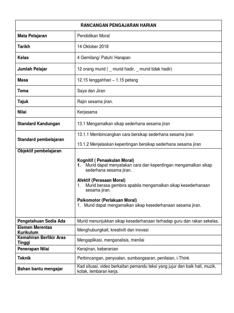 RPH Pendidikan Moral Tahun 5 Hormat Menghormati | PDF