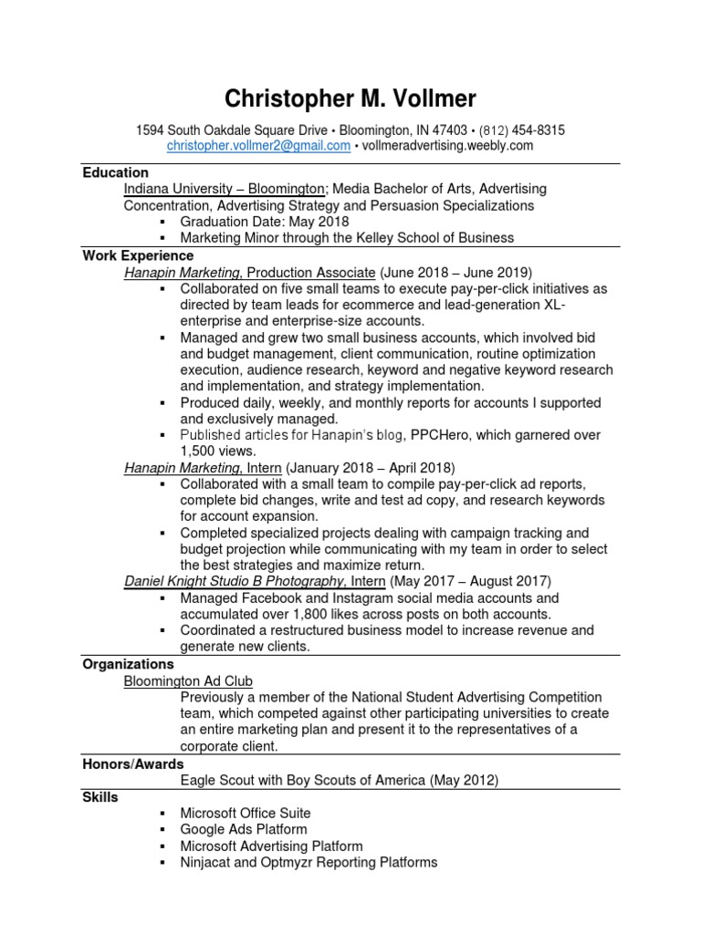 Christopher M Vollmer Resume 12 | PDF | Indiana University Bloomington ...