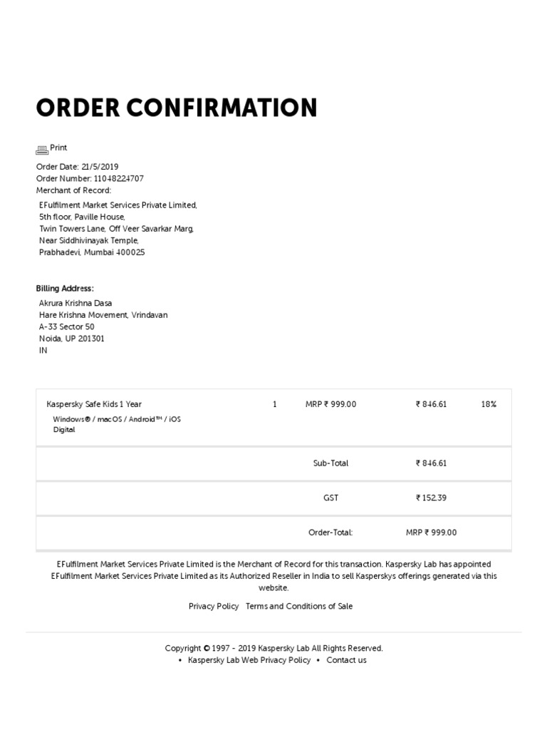 Kaspersky Lab India Online Store - Retail Invoice | PDF