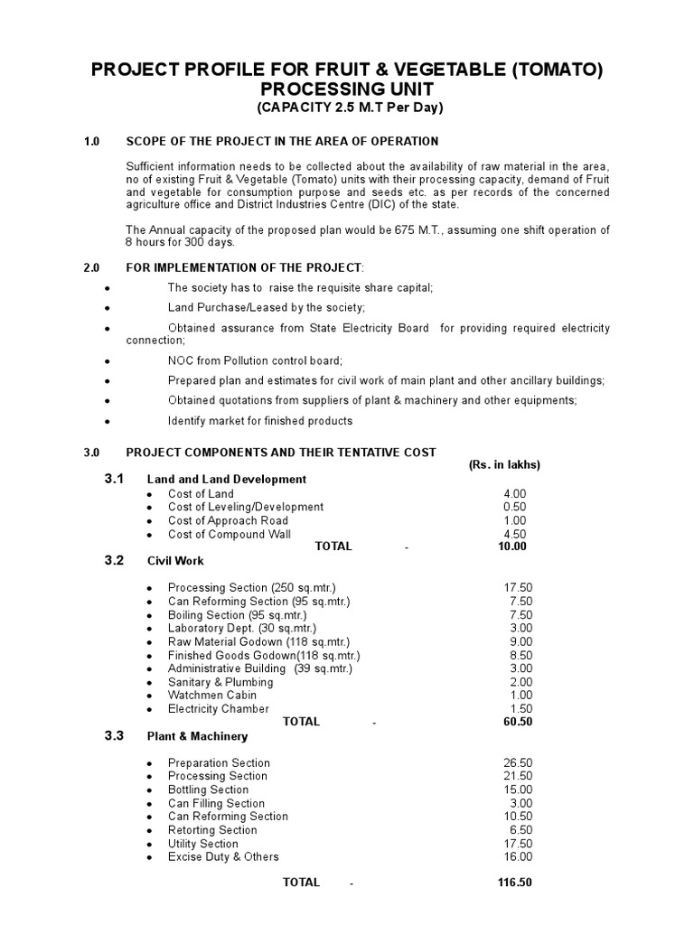 Project Profile For Fruit & Vegetable (Tomato) Processing Unit | PDF ...