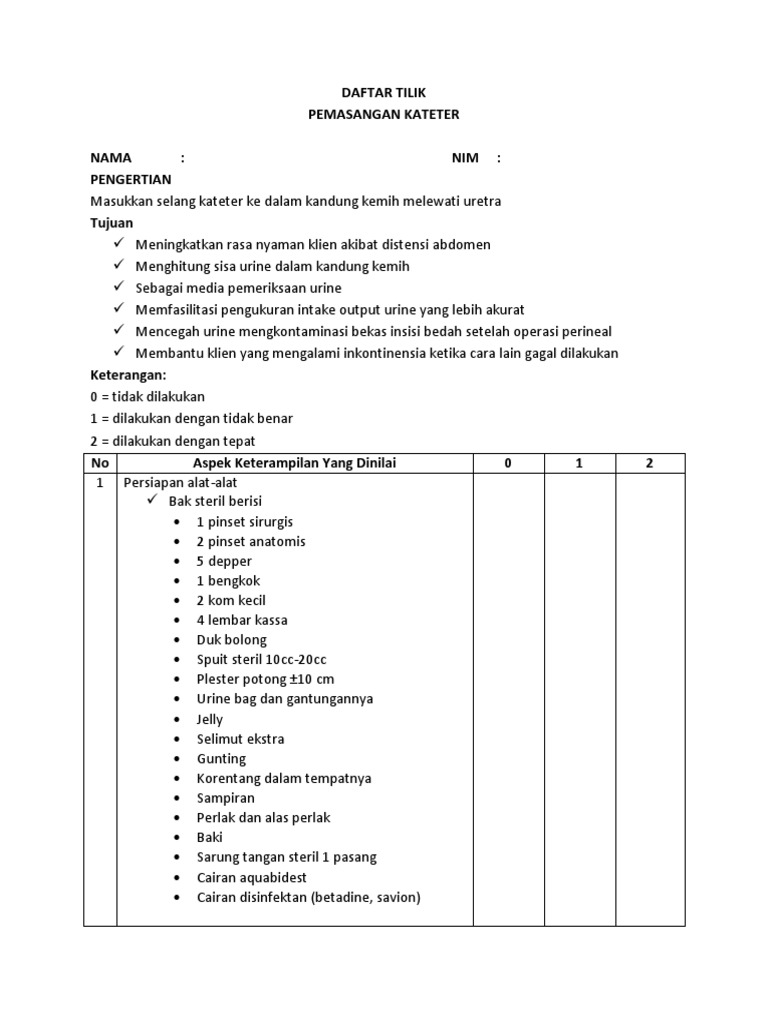 Daftar Tilik Pemasangan Kateter | PDF
