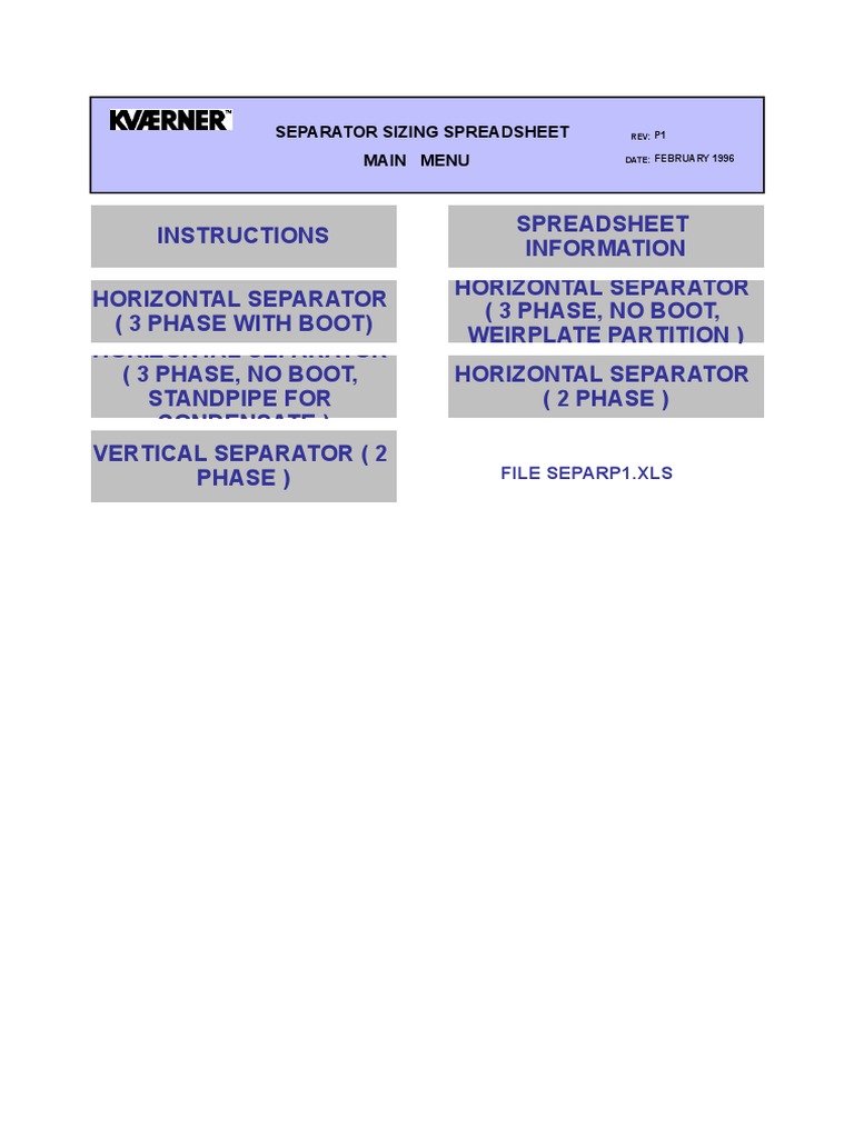Separator Sizing Spreadsheet Main Menu: File Separp1 | PDF | Spreadsheet | Microsoft Excel