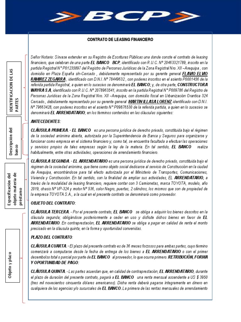 Contrato de Leasing Financiero | Póliza de seguros | Bancos