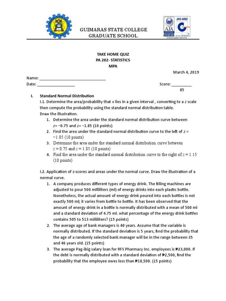 Sample Exam On Statistictics | PDF | Normal Distribution | Standard Score