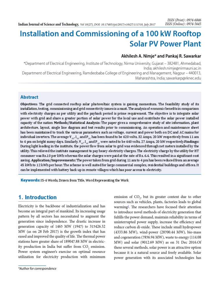 Installation and Commissioning of A 100 KW Rooftop Solar PV Power Plant ...